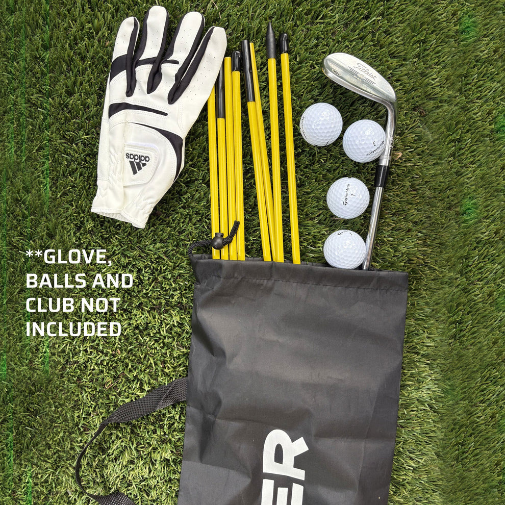 Golf training aid: Golf practice bag with alignment rods